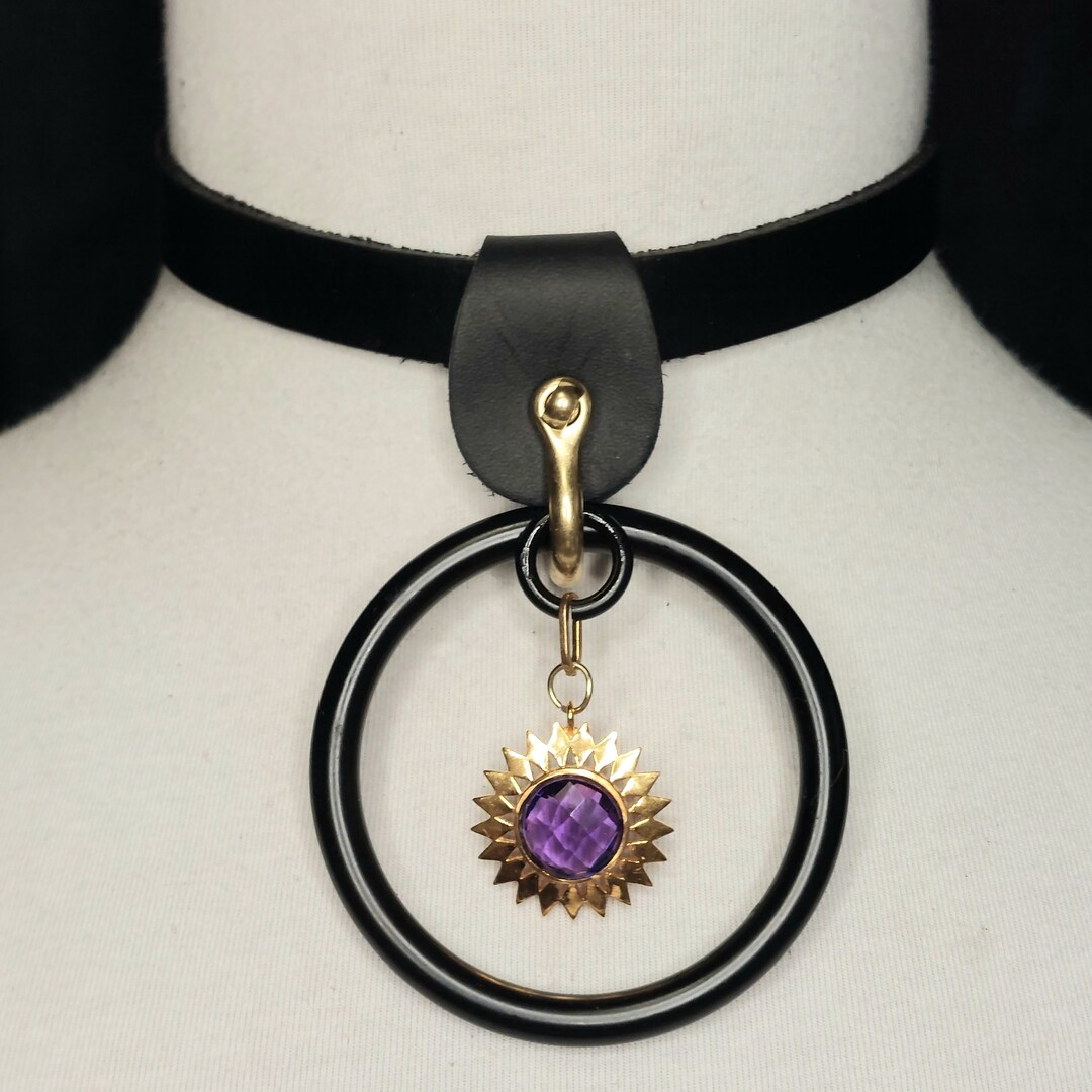 Black Steel Oring Choker With Gold and Amethyst Centerpiece. Leather ...