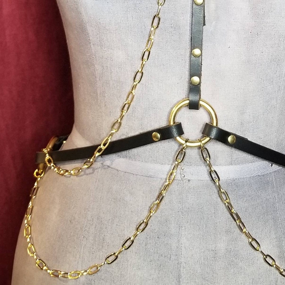Asymmetrical Leather Harness With Gold Chain - Adjustable Handmade Body ...