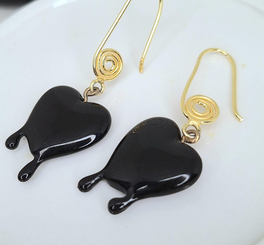 Black Dripping Heart and Gold Swirl Hook Earrings. Real Gold. - Etsy