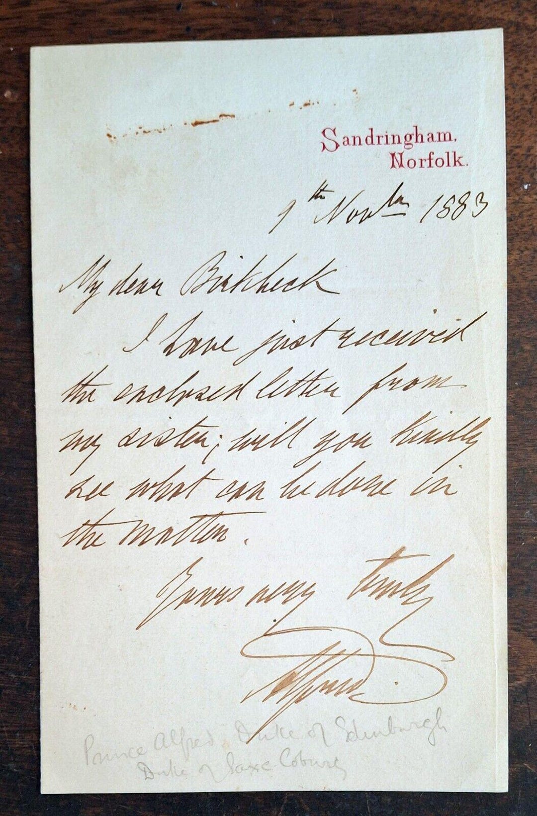 Letter From Prince Alfred Duke of Edinburgh to "royal Counsel" W.L ...