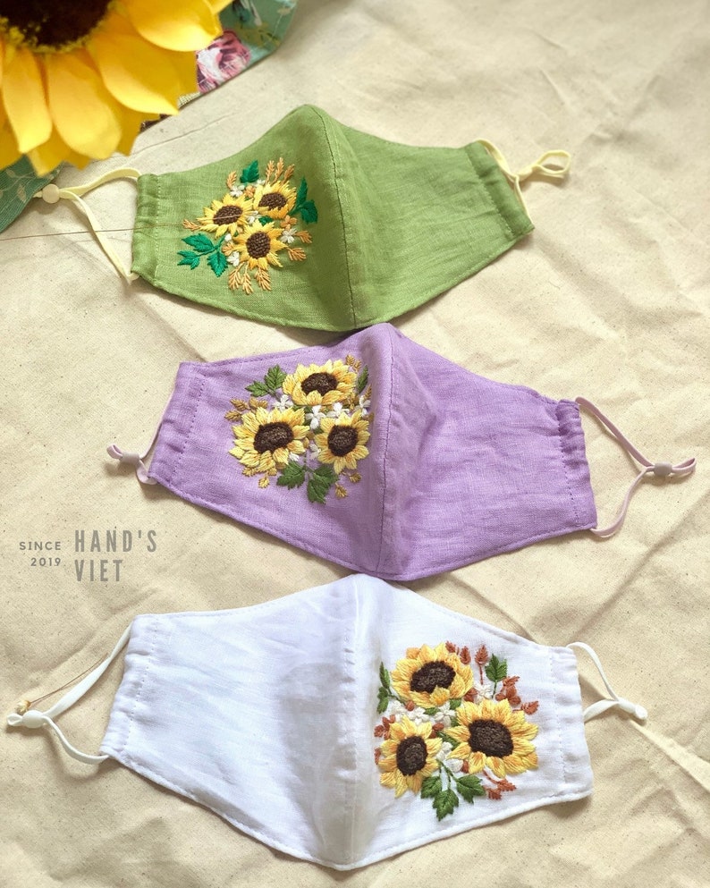 Sunflower Embroidered Linen Face Mask: Adjustable Adult Mask - Etsy