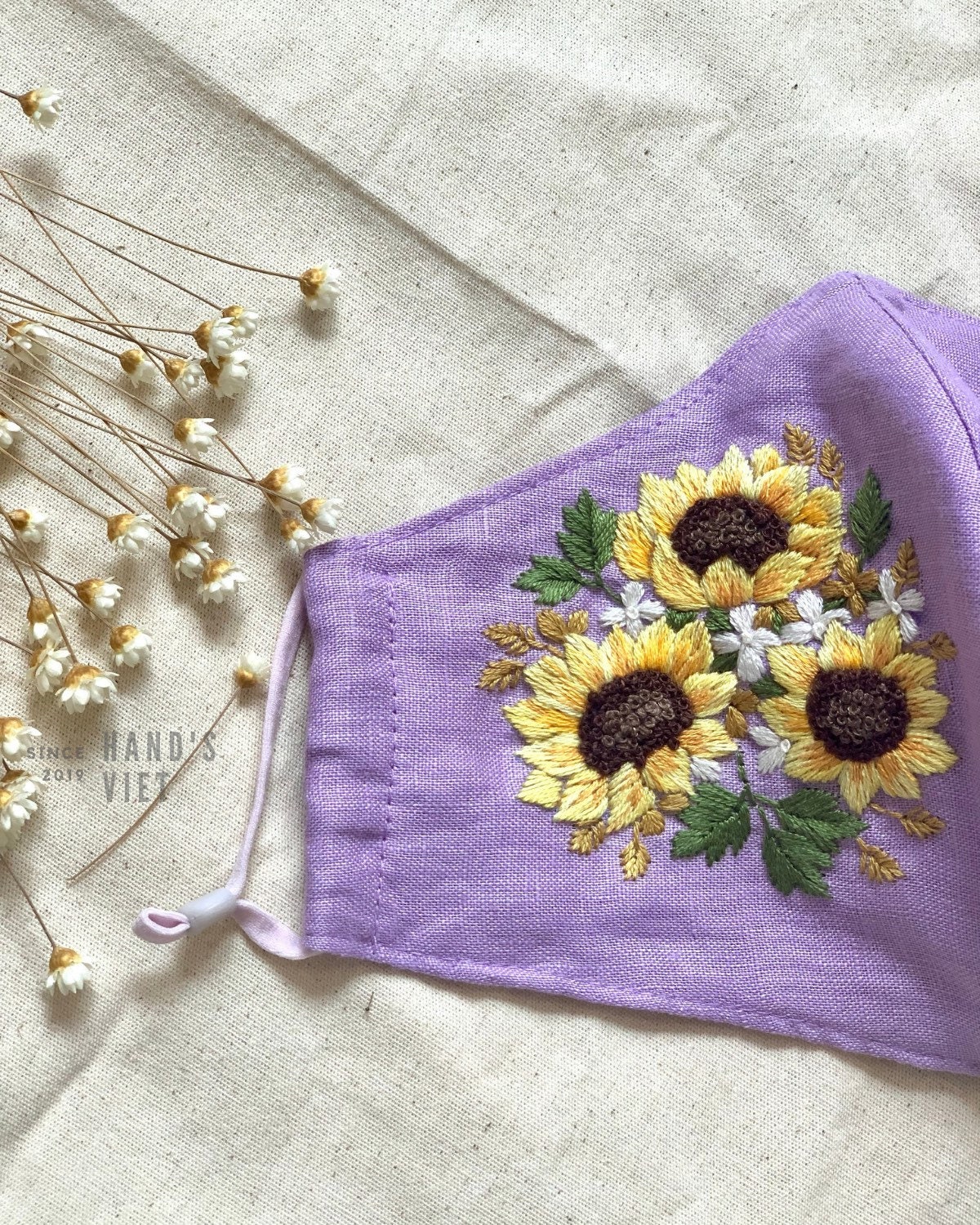 Sunflower Embroidered Linen Face Mask: Adjustable Adult Mask - Etsy