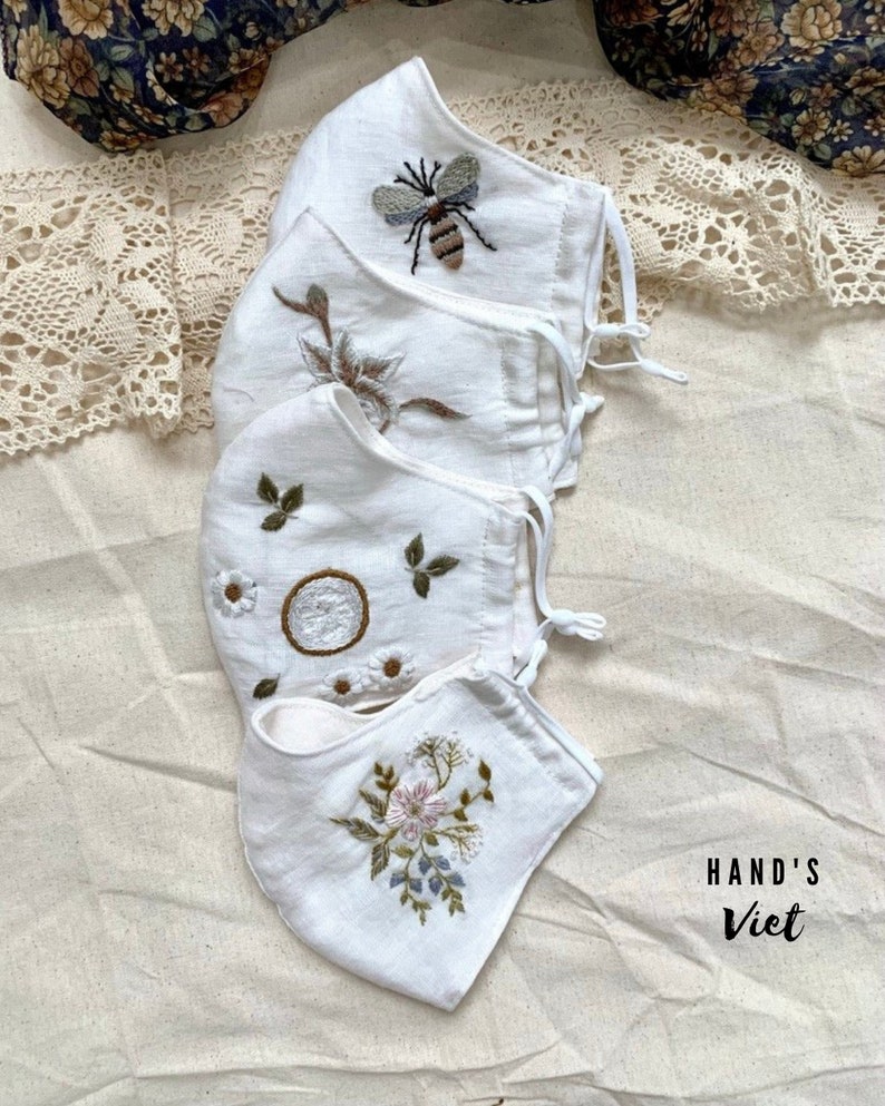 Hand Embroidered Linen Face Mask: 3-layer White Mask With Filter Pocket ...