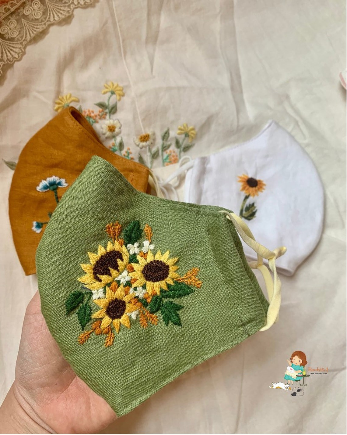 Sunflower Embroidered Linen Face Mask Set: Adjustable Floral Mask - Etsy
