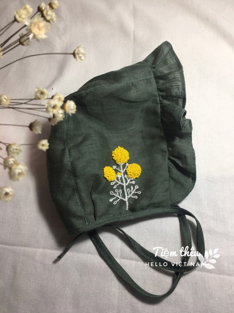 Embroidery Baby Bonnet, Hand Embroidered Linen Bonnet, Brimmed Bonnet ...