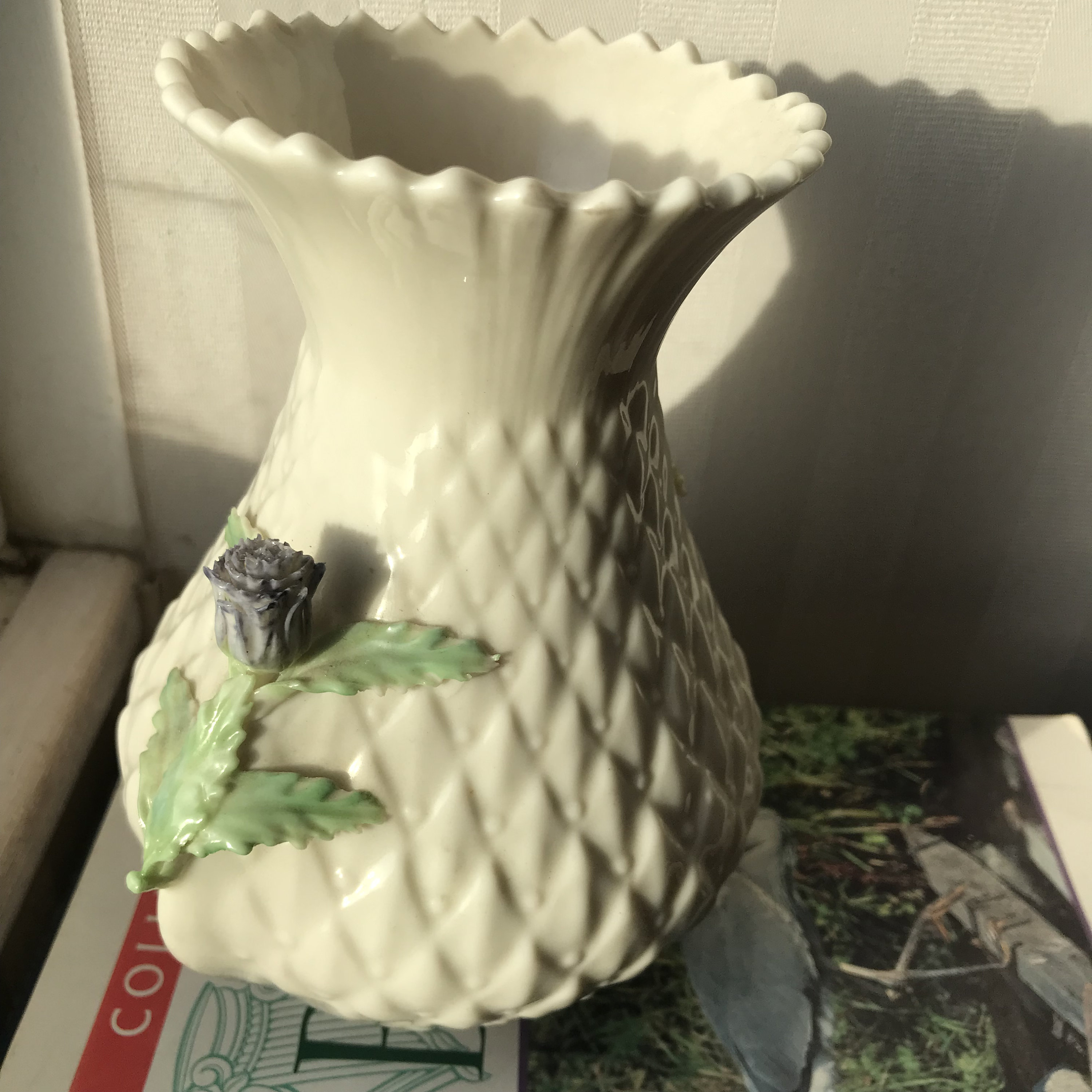 Pair Vintage Belleek Irish China Porcelain Vases, Purple Thistle Motif ...