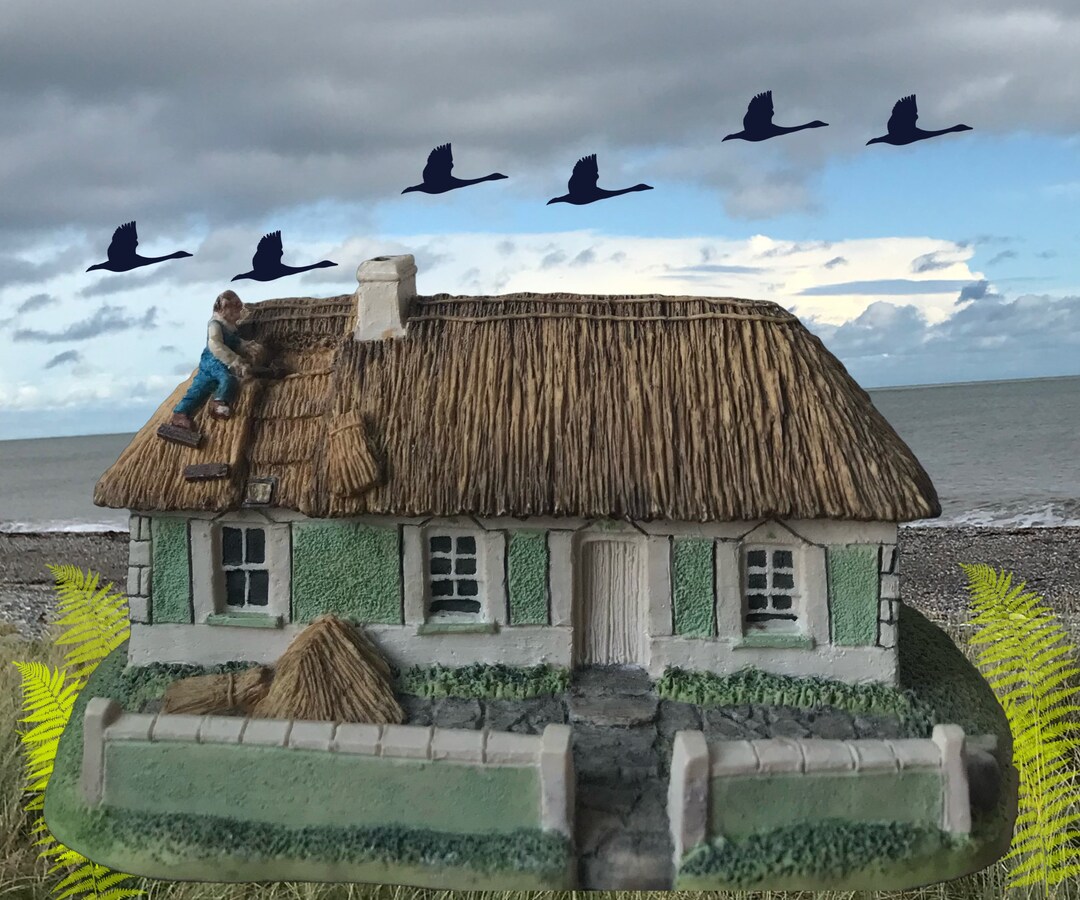 Miniature Irish Thatched Cottage Ornament With the Thatcher Astride the ...