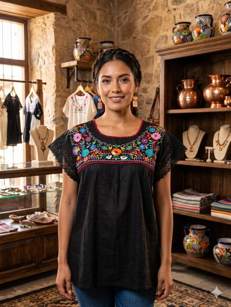 Hand-embroidered Mexican Blouse, Size Small / Floral Cotton Artisan Top ...