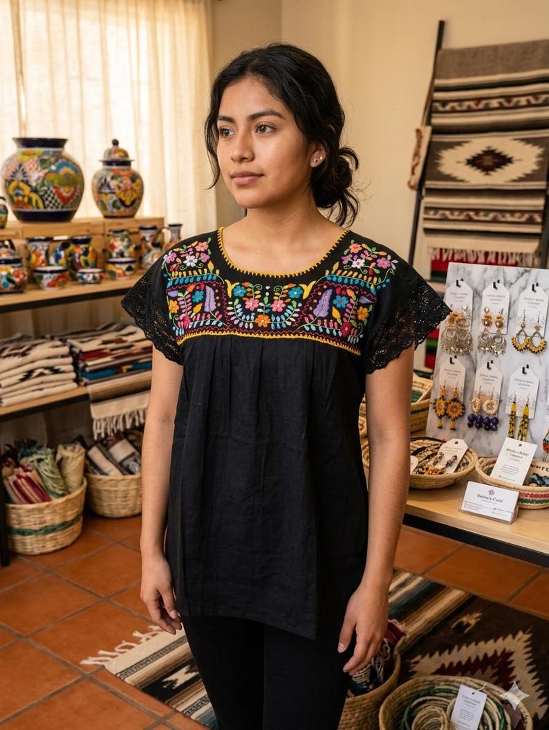 Hand-embroidered Mexican Blouse, Size Small / Floral Cotton Artisan Top ...