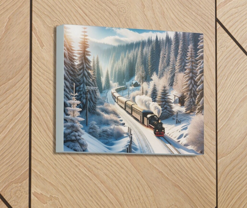 Enchanting Winter Wonderland Train Scene Wall Art Snowy Evergreen ...