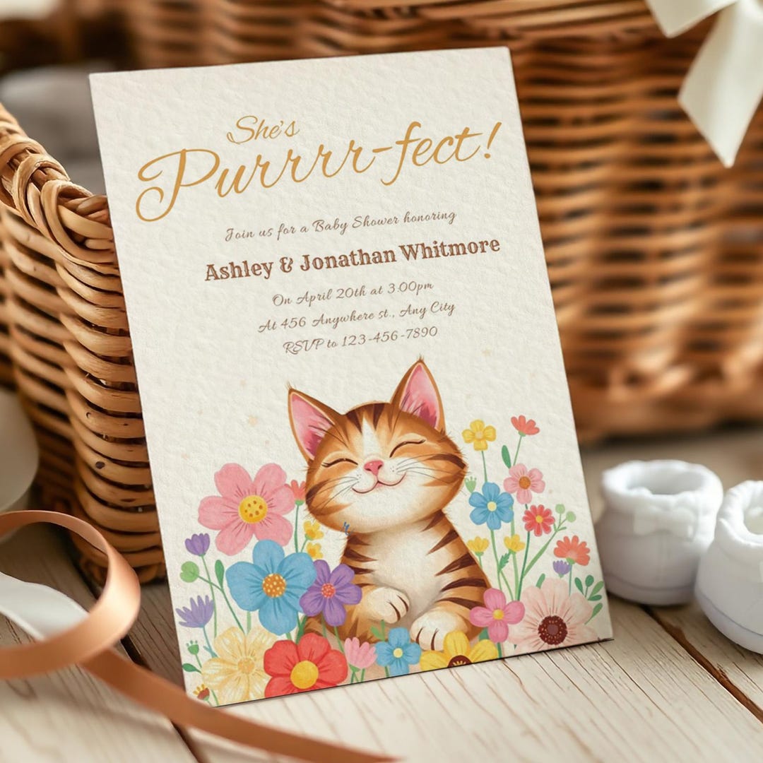 Customizable Cat Baby Shower Invitation, DIY Digital Download, Cute ...