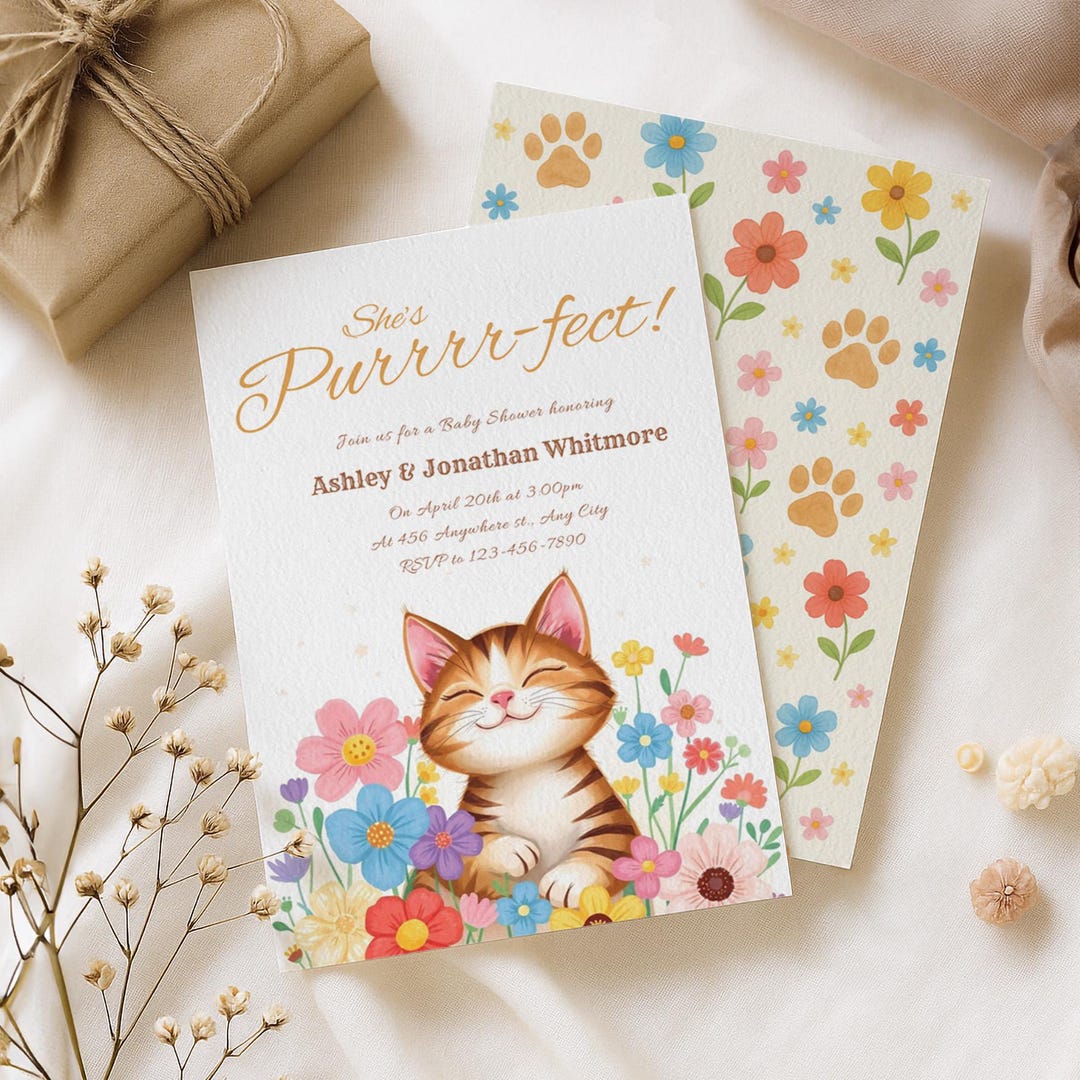 Cat Baby Shower Invitation, Kitty Theme With Whimsical Details, Gender ...