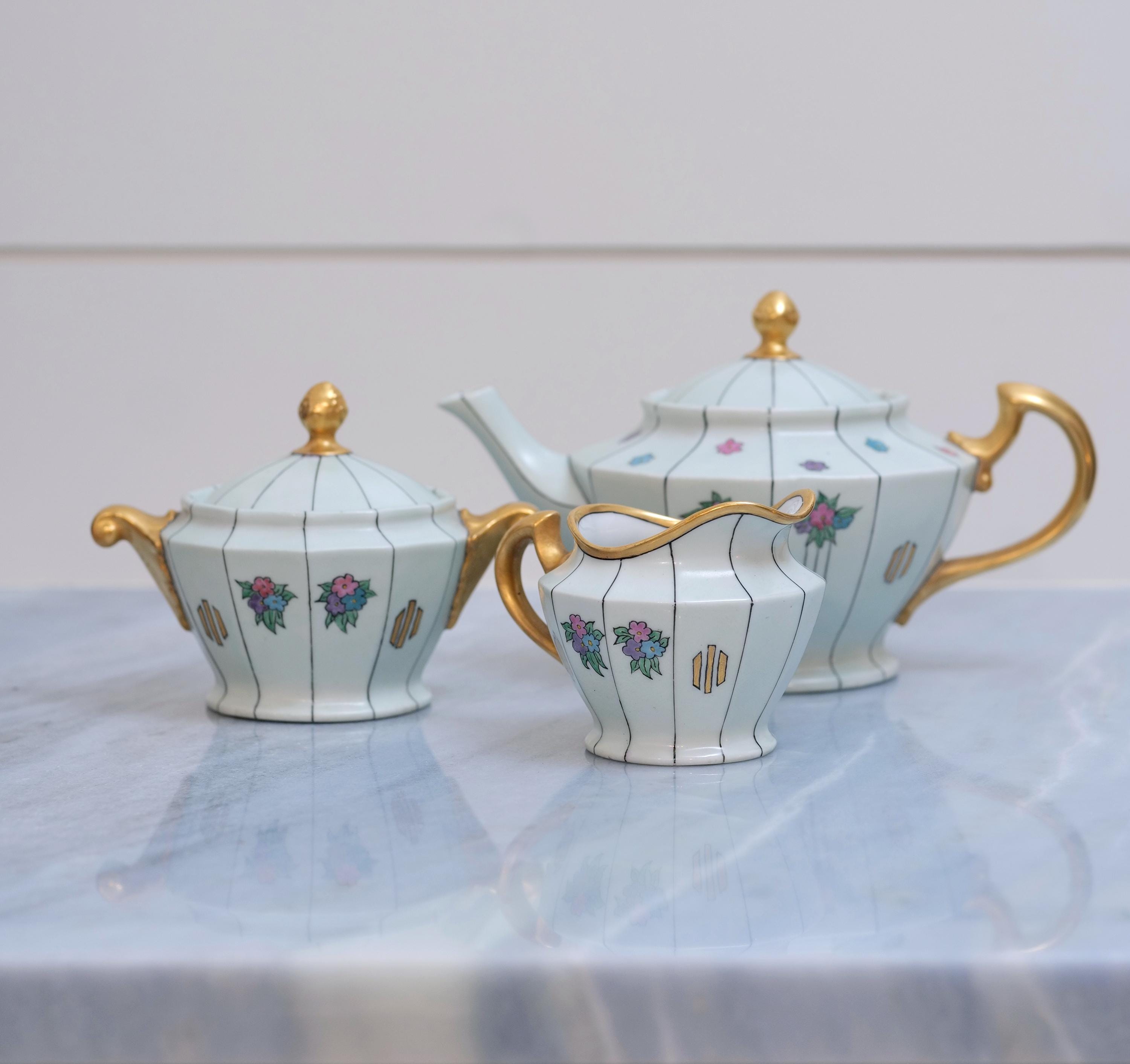 Czech Vintage Deco Tea Set With Creamer and Sugar Holder - Gold Plate ...