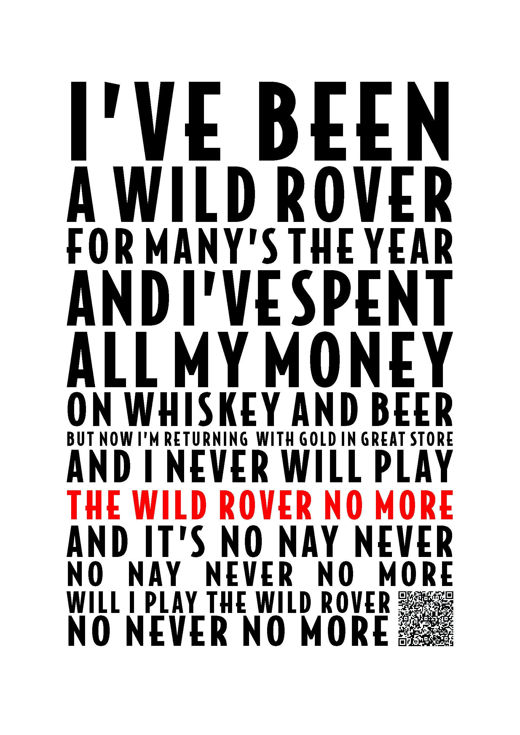The Wild Rover Lyrics Print / The Wild Rover Song Poster / Irish Song ...