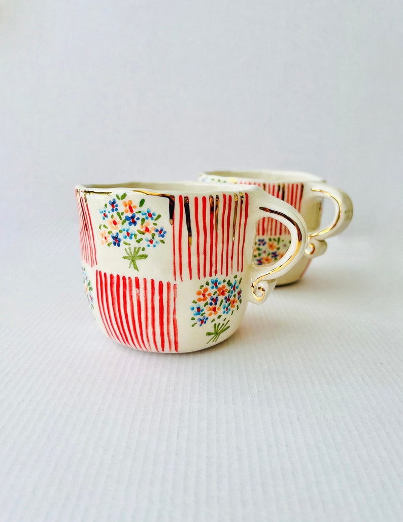 Handmade, Gold and Red Striped Tea Cup - Etsy