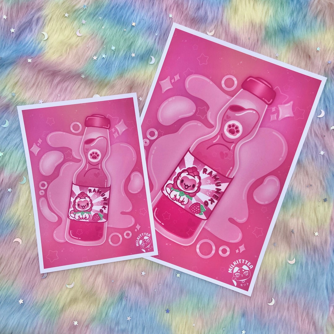 Ramuneko Kitty Ramune Kawaii Pastel Illustration Art Poster Print Thick ...