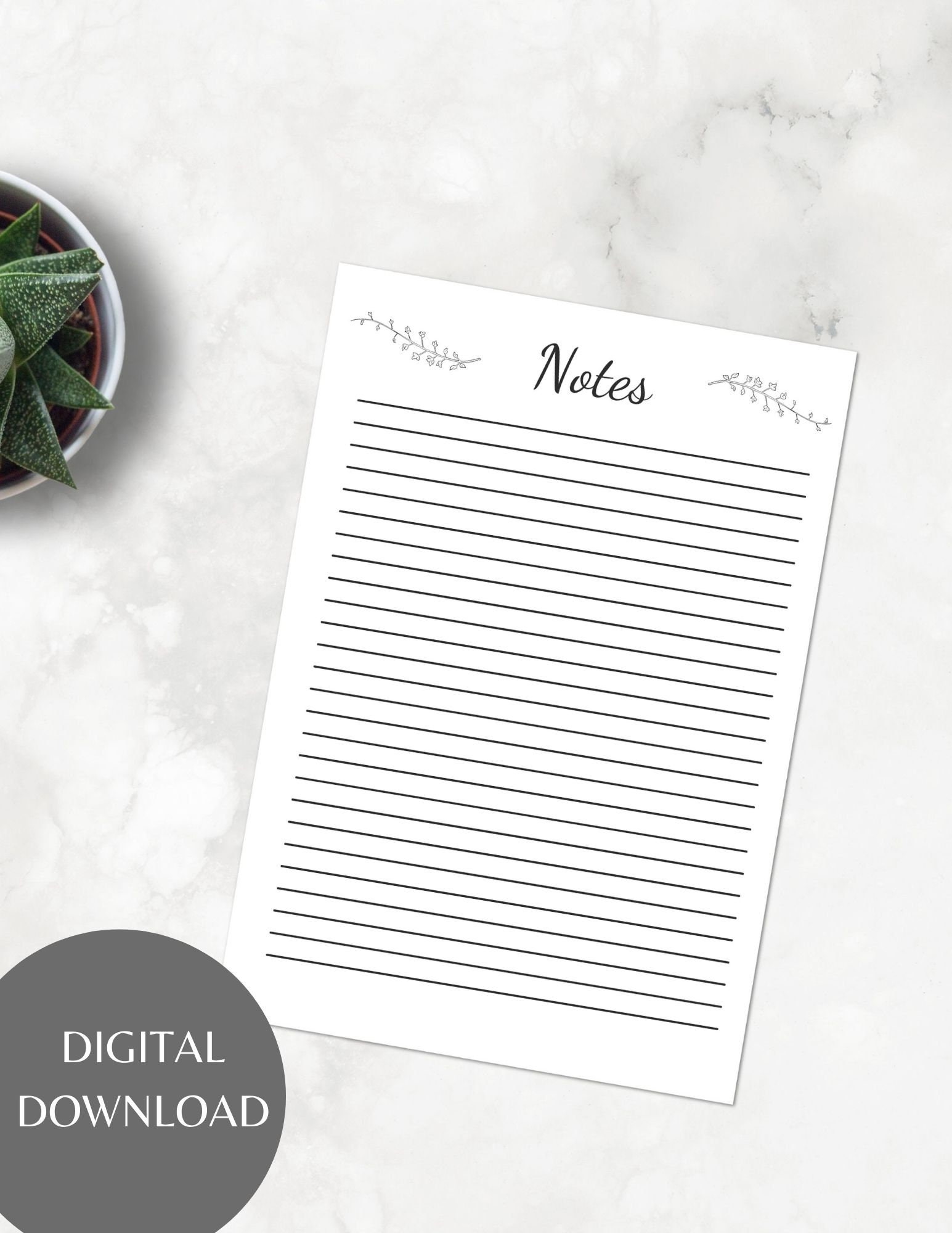 Floral Notes Page Printable, Lined Note Paper, Notes Page Planner ...