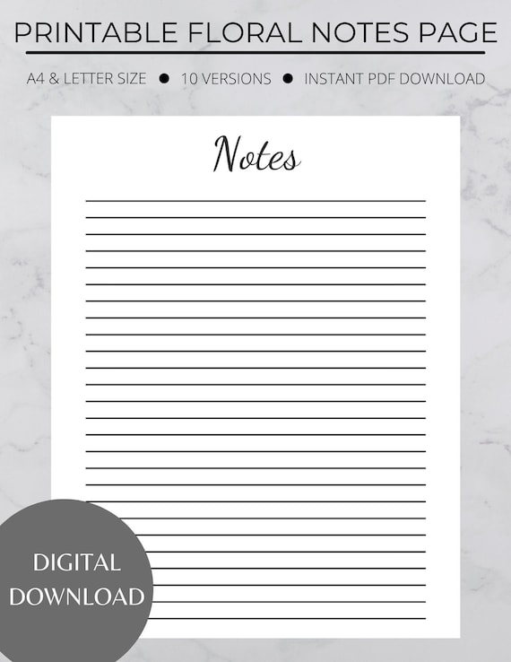 Floral Notes Page Printable Lined Note Paper Notes Page - Etsy