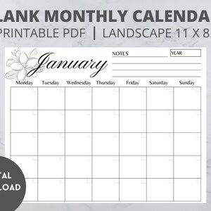 Printable Monthly Blank Calendar, Simple Calendar, 11 X 8.5 Inch ...