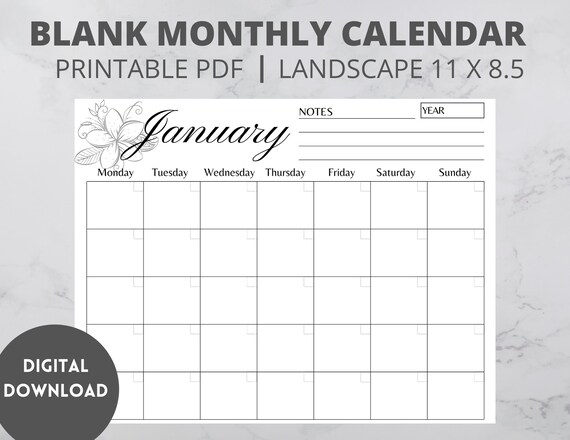Printable Monthly Blank Calendar Simple Calendar 11 x 8.5 | Etsy