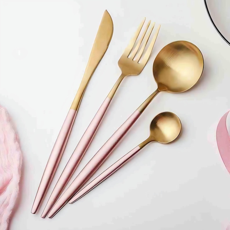 Gold Finish With Pink Handle Cutlery Set of 4 - Gold Finish - Forks Spoons Knives Dining Set ...