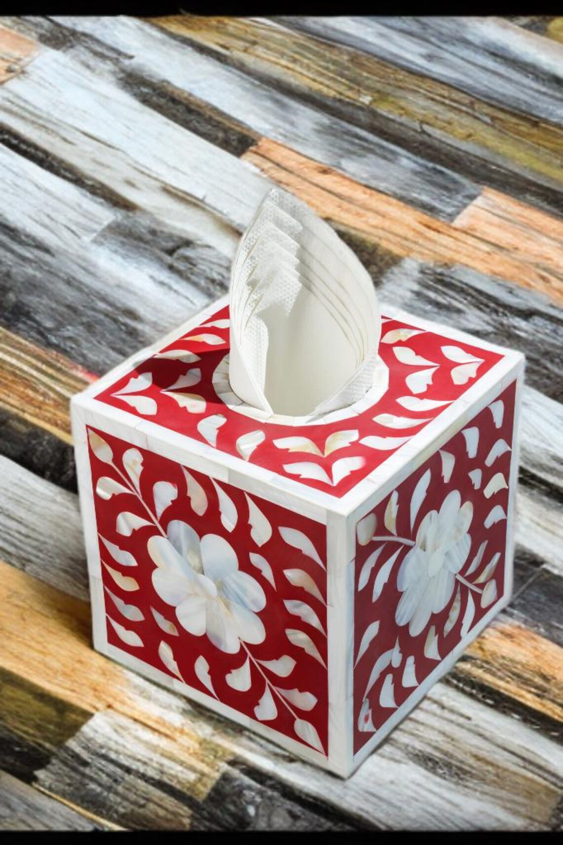 Red Mother of Pearl Inlay Decorative Box - Floral Storage Box ...
