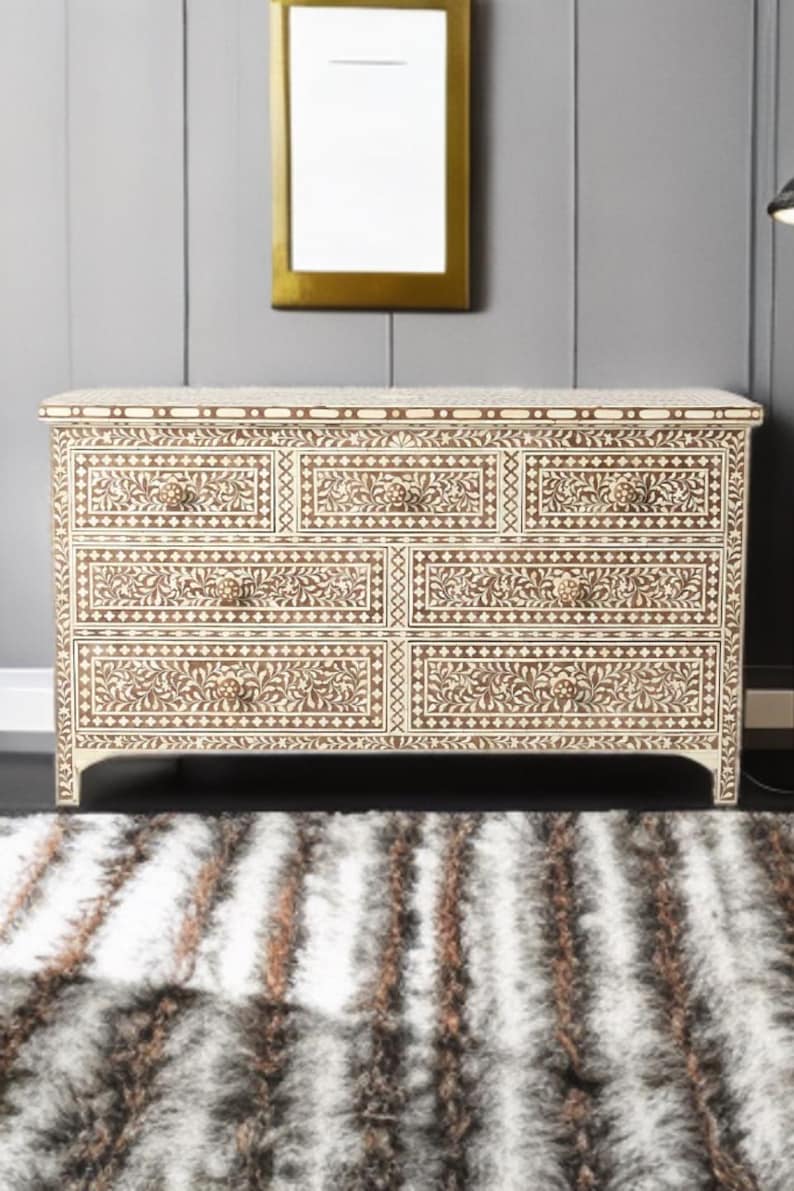 Handmade Bone Inlay Chest of 7 Drawers | Floral Dresser Table ...