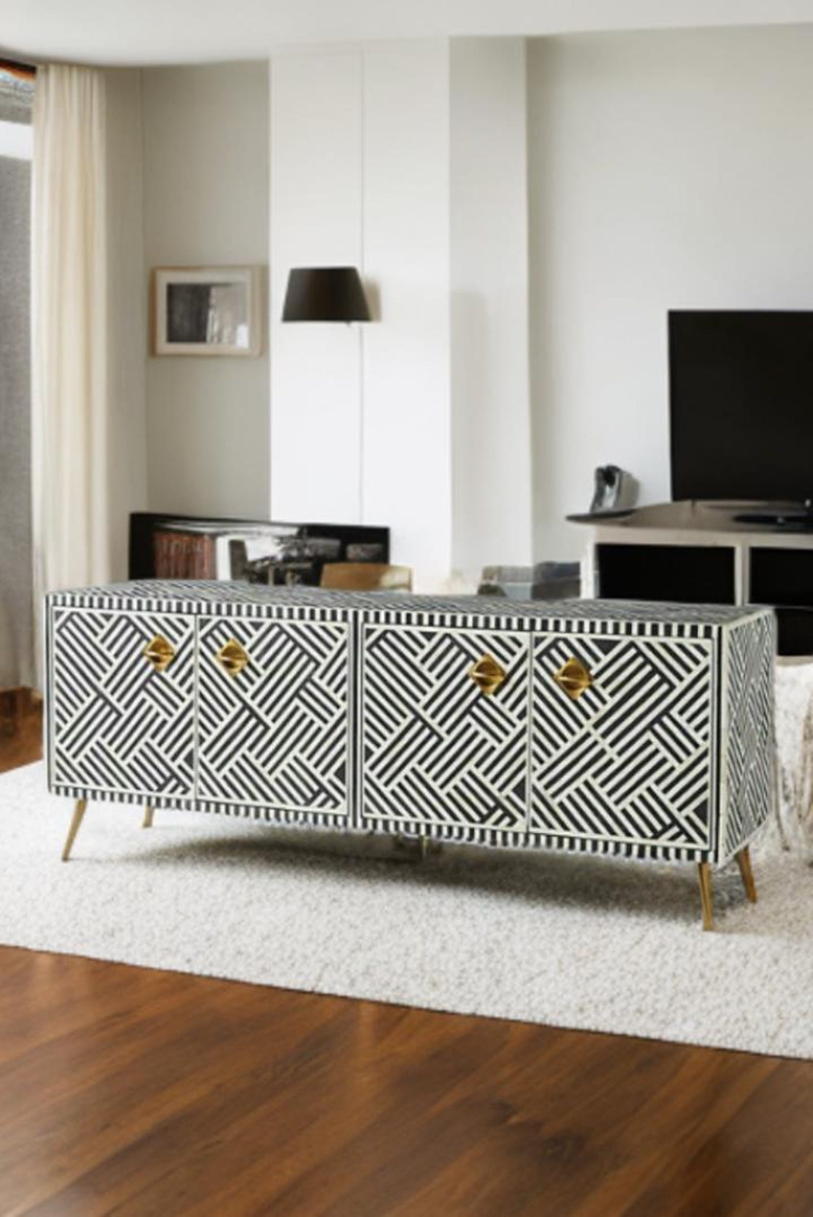 Bone Inlay Optical Console Table, Bone Inlay TV Unit, Bone Inlay Media ...