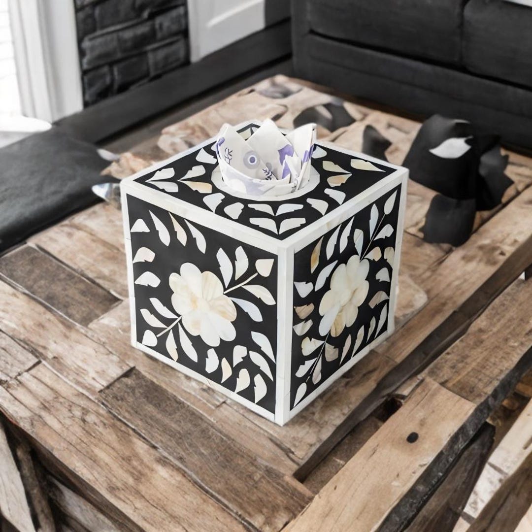 Black Mother of Pearl Inlay Tissue Box | Floral Design | Handmade ...