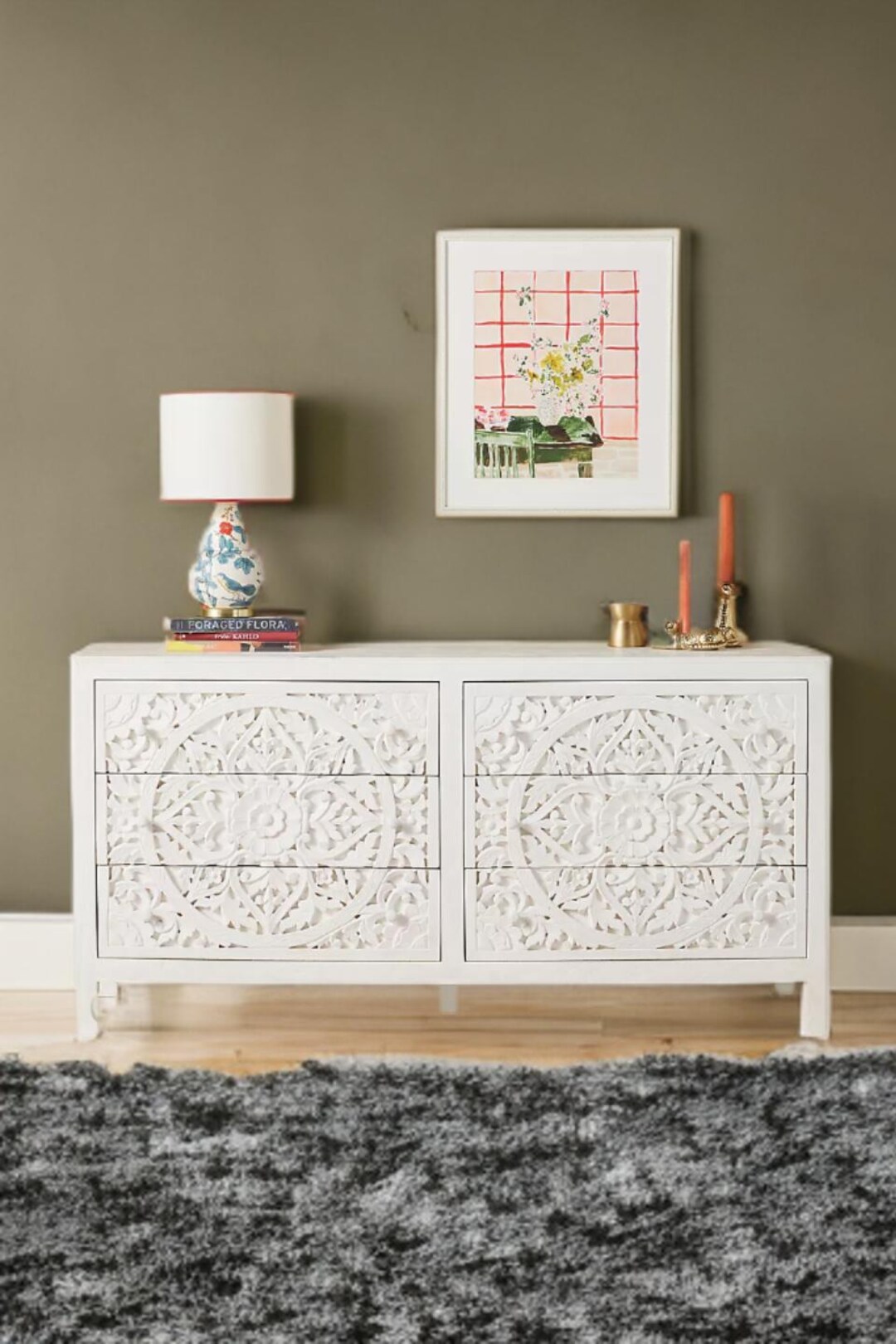 White Wooden Hand-carved Entryway Cabinet Boho Floral Chest of 6 ...