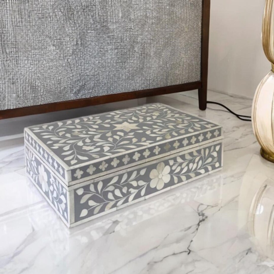 Grey Bone Inlay Decorative Box - Floral Jewelry Storage Box - Handmade ...