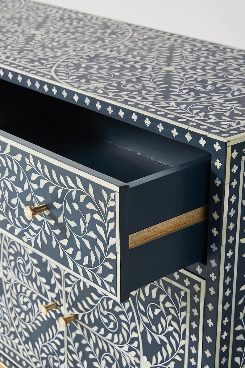 Bone Inlay Scroll Vine Design Buffet Table, Navy Blue, Bone Inlay ...