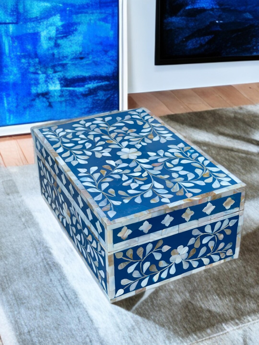 Blue Mother of Pearl Inlay Decorative Box - Floral Jewelry Storage Box ...