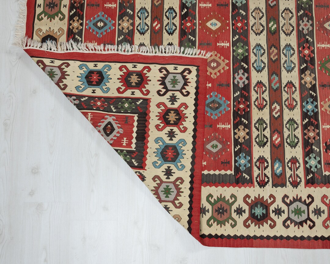7x10 Turkish Red Kilim Rug, Red Balkan Geometric Rug, Antique Red Area ...
