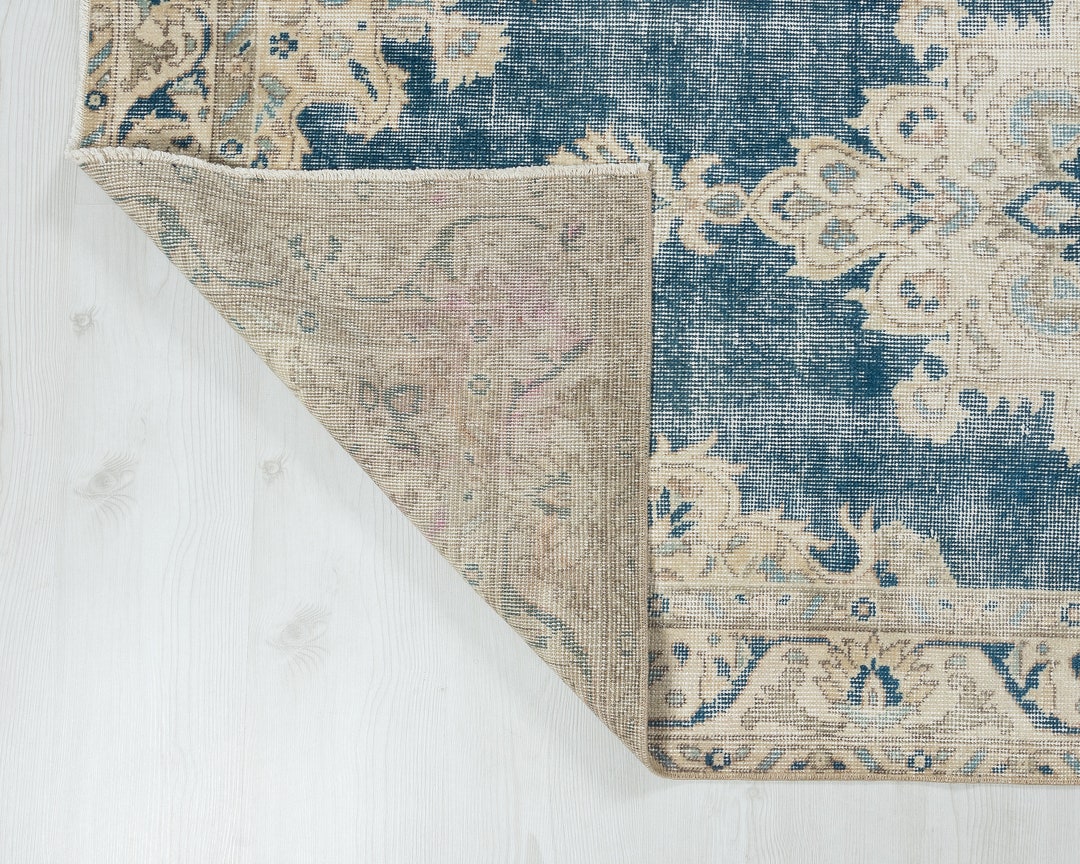 3x7 Vintage Rug, Beige Blue Turkish Rug, Antique Handmade Rug, Oushak ...