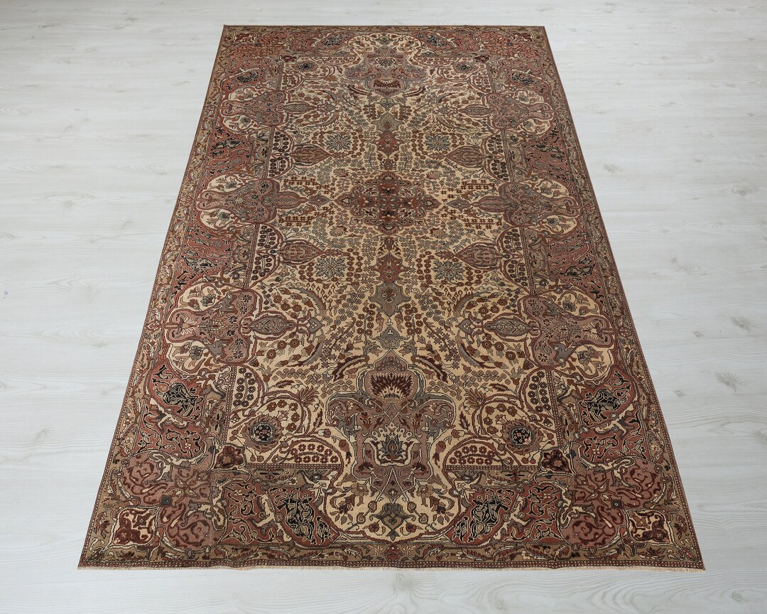 7x12 Vintage Rug , Beige Brown Turkish Rug , Living Room Rug , Oushak ...