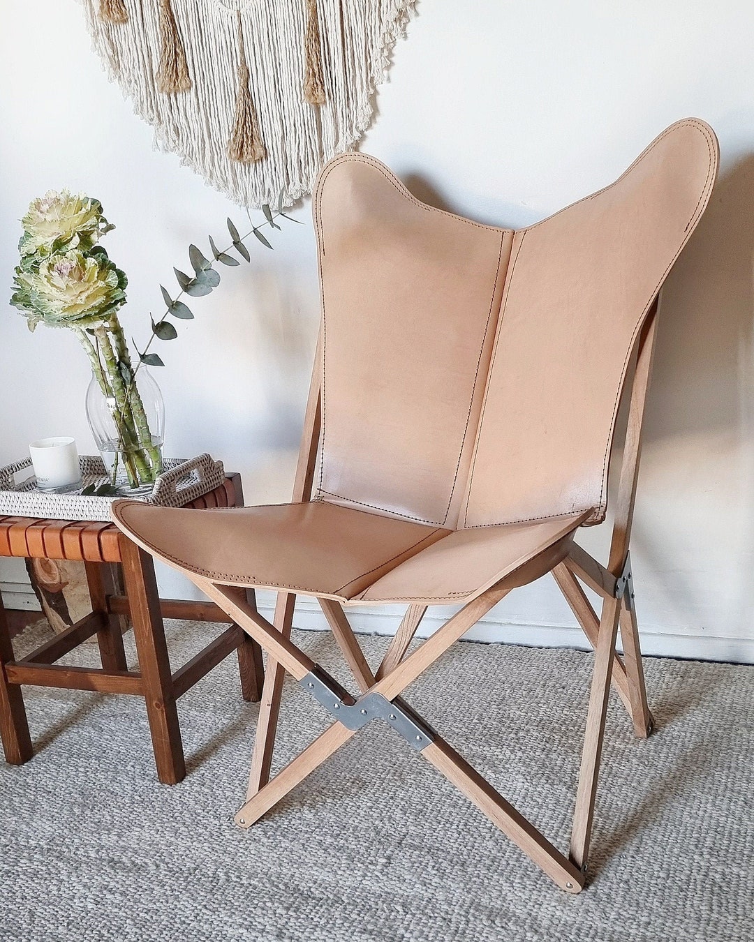 Silla Tripolina Piel Crema y Madera de Haya Natural fama BKF Silla ...
