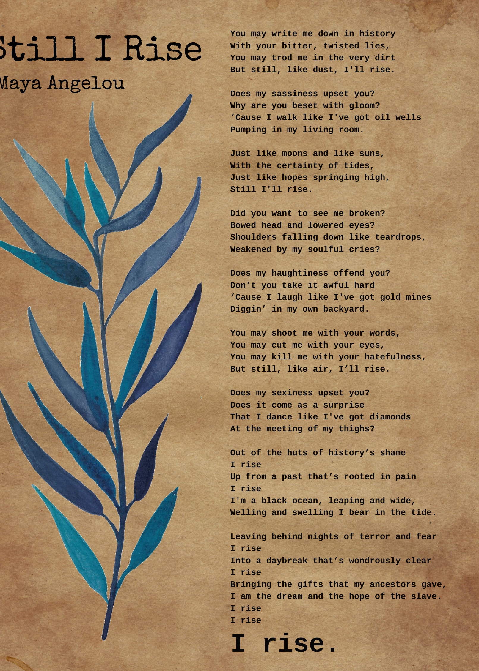 Still I Rise by Maya Angelou Poem Poster Print, Inspirational Poetry ...