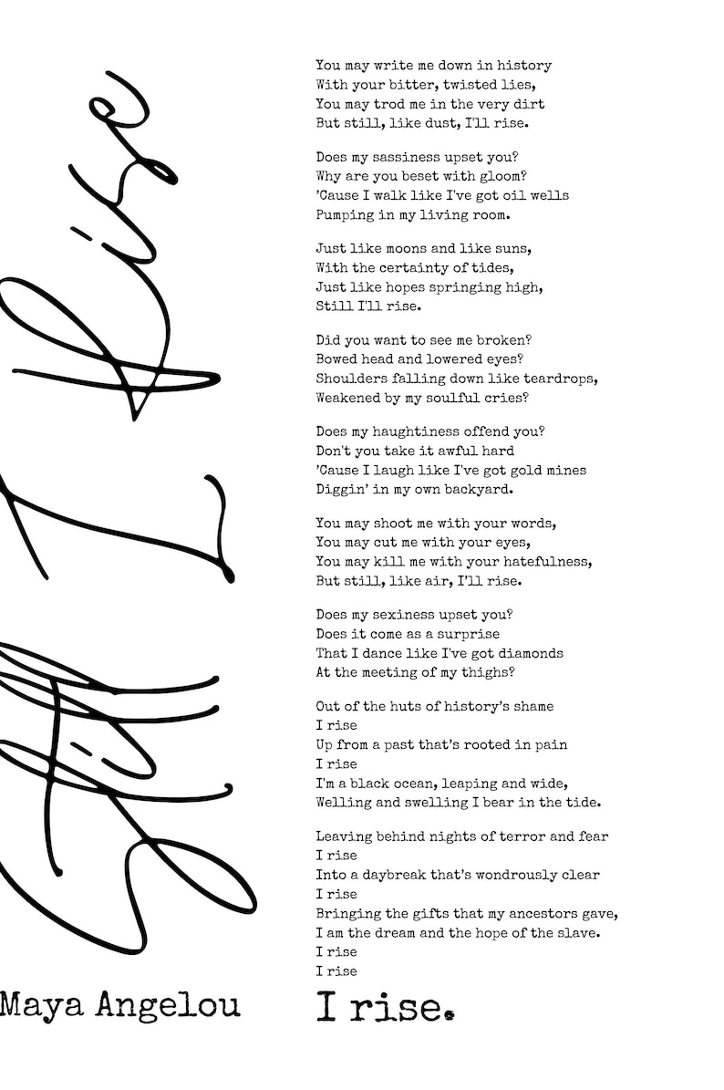 Still I Rise by Maya Angelou Poem Poster Print, Inspirational Poetry ...