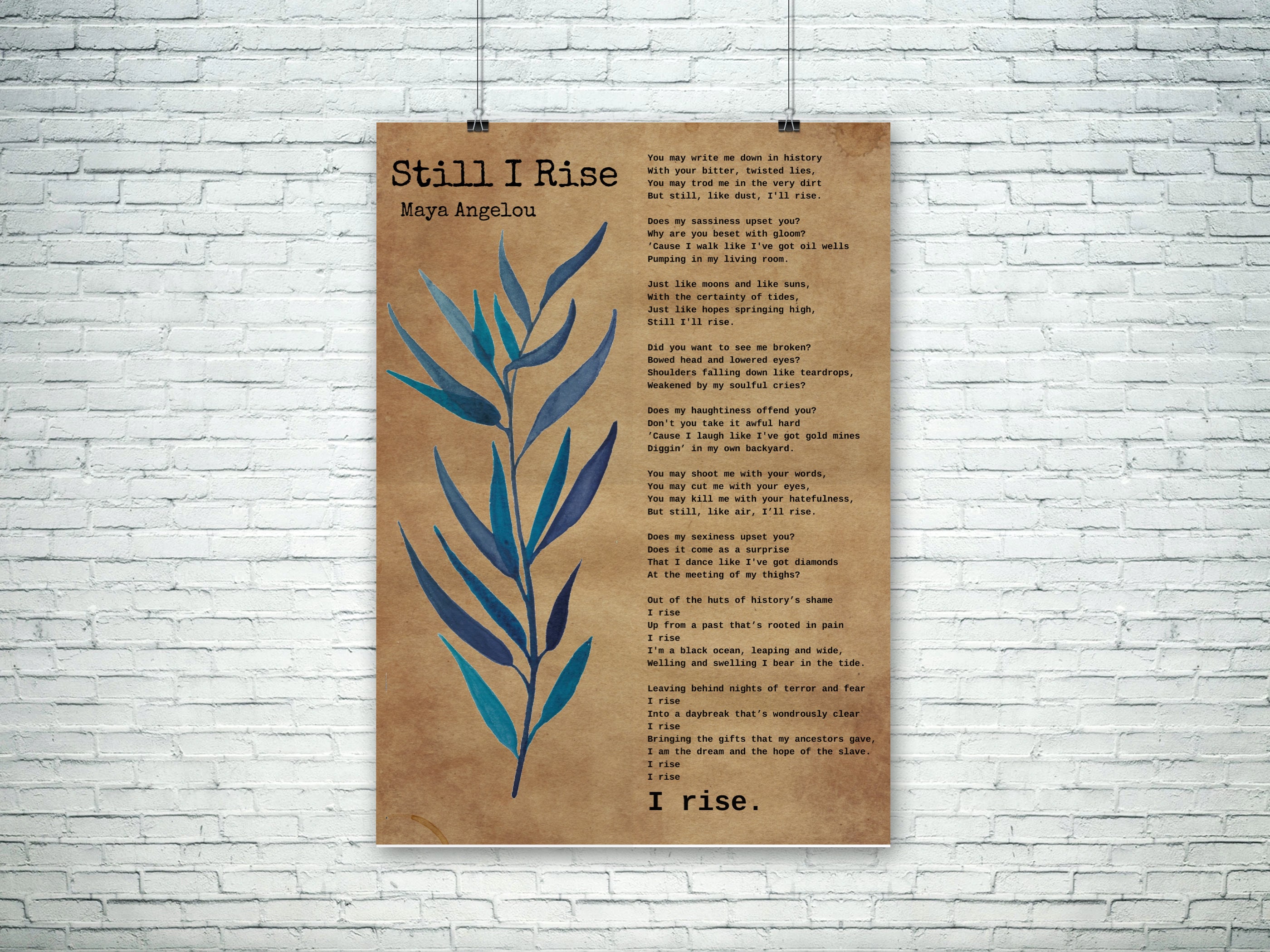 Still I Rise by Maya Angelou Poem Poster Print, Inspirational Poetry ...