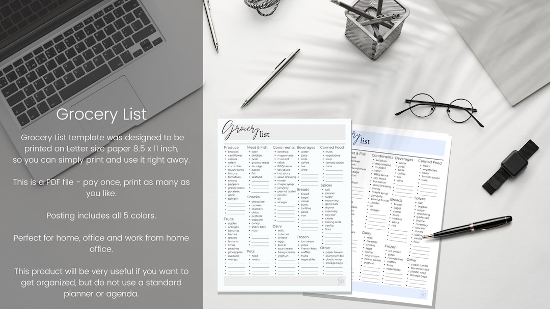 Grocery List Template - All 5 Colors - Etsy