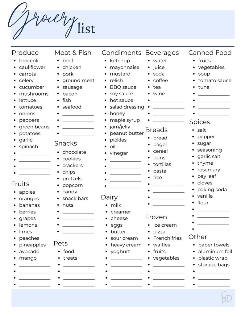 Grocery List Template All 5 Colors - Etsy