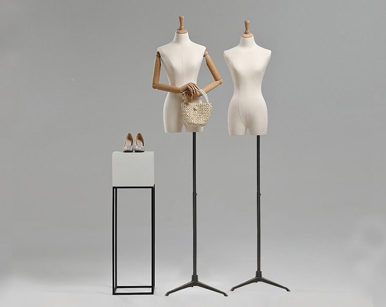 Linen Female Mannequin Torso: Adjustable Height Display With Wooden ...