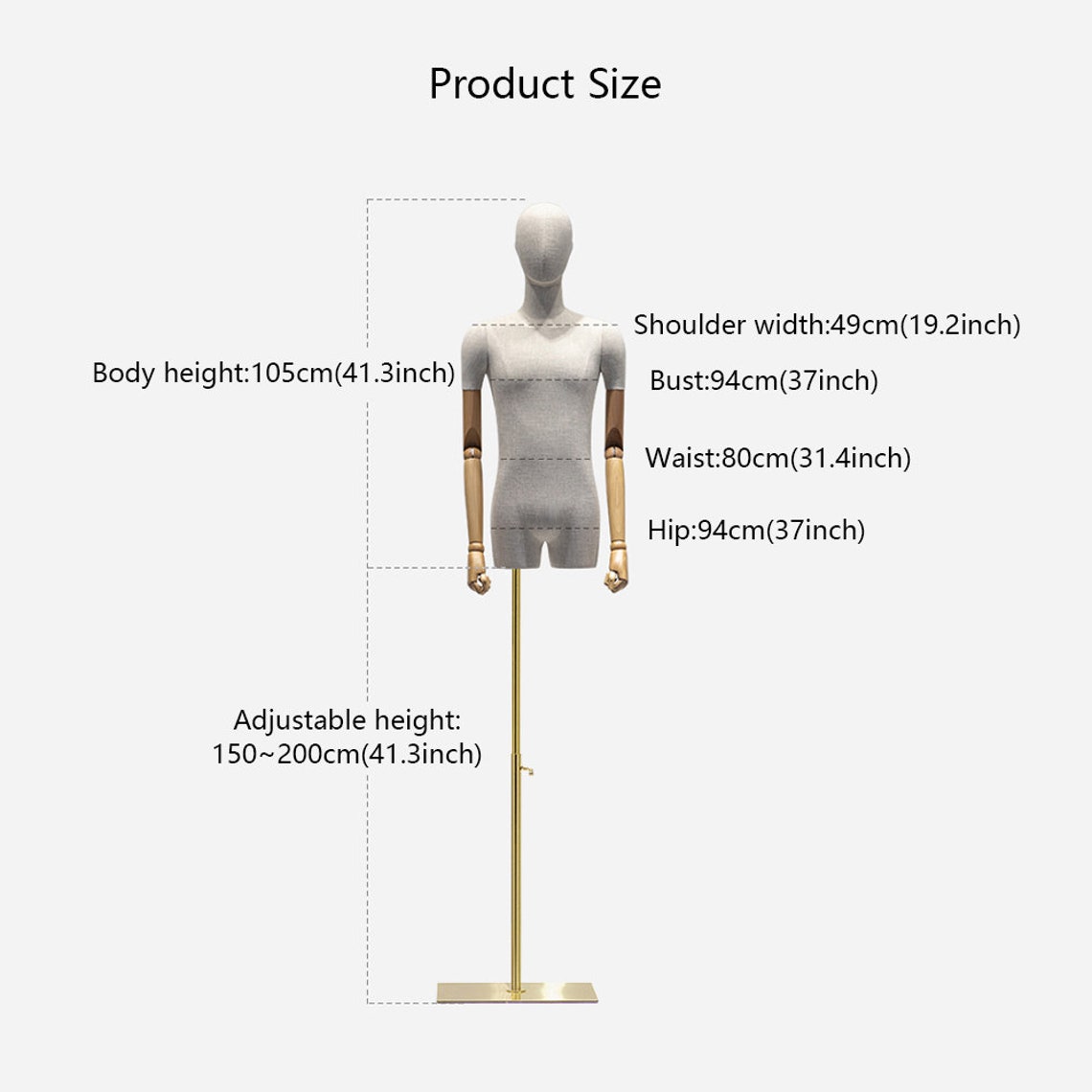 Grey Linen Men's Mannequin: Half Body Clothing Display With Wood Arms ...