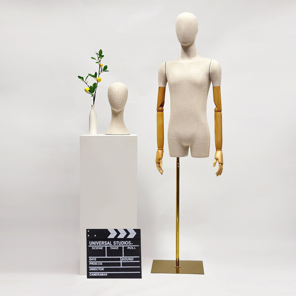 Grey Linen Men's Mannequin: Half Body Clothing Display With Wood Arms ...