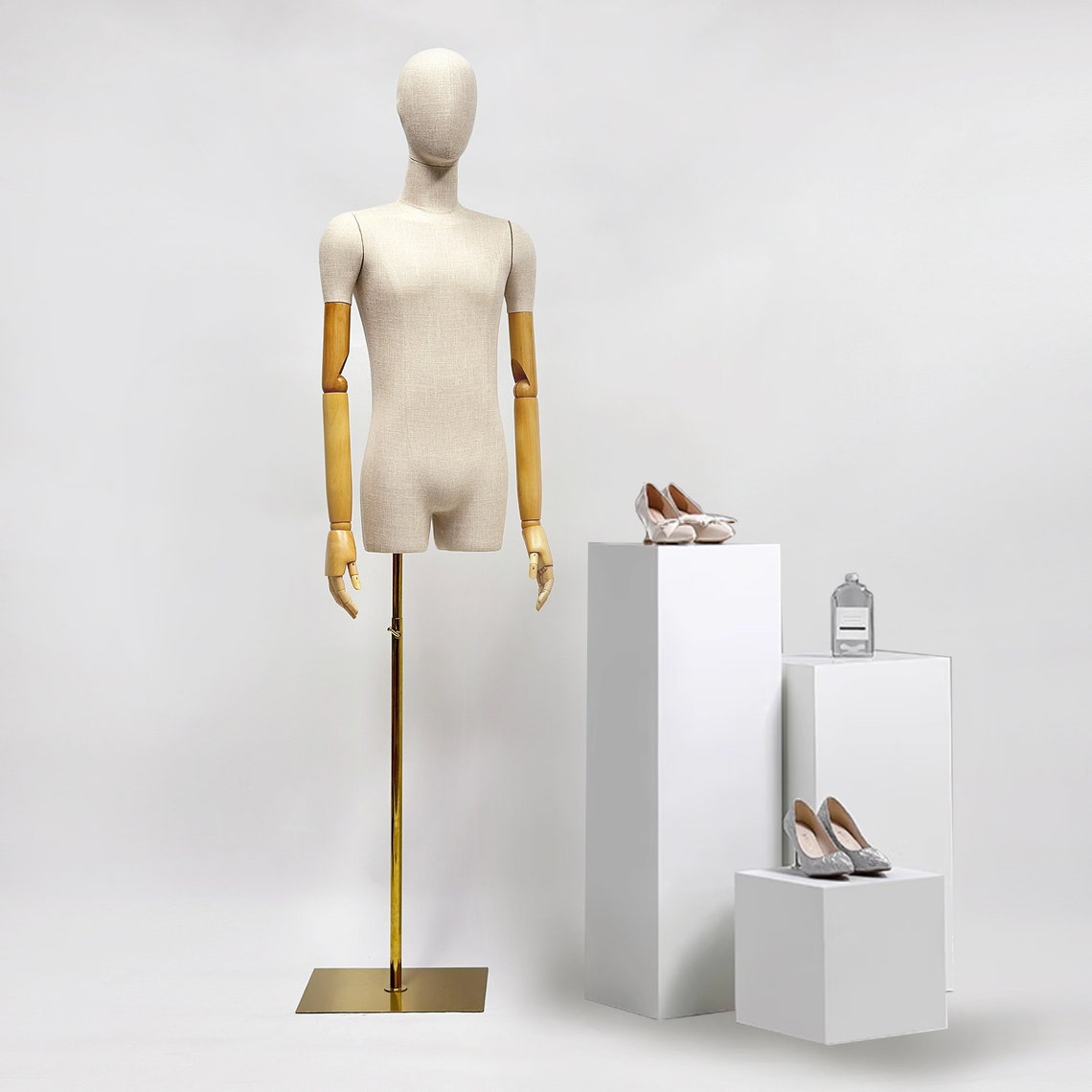 Grey Linen Men's Mannequin: Half Body Clothing Display With Wood Arms ...