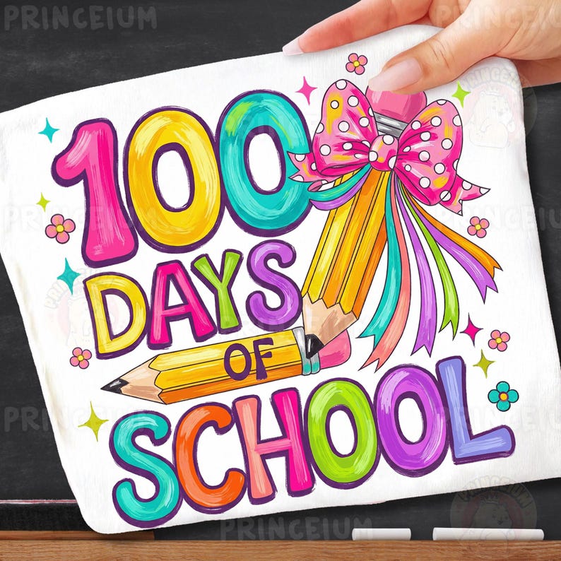 100 Days of School PNG, Bow Pencil Rainbow Art, Colorful Hand Painted ...
