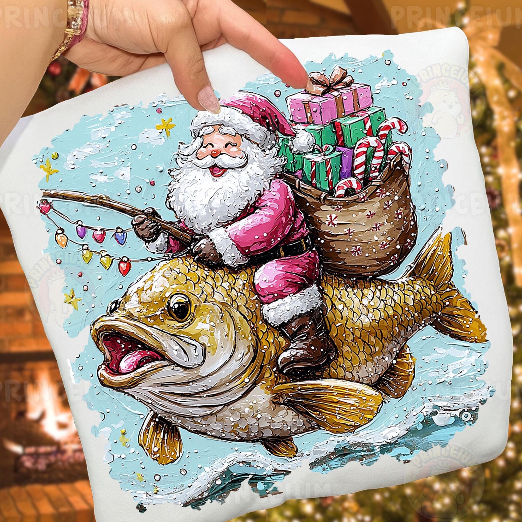 Santa Riding Fish PNG Funny Fishing Christmas Sublimation Pink Santa ...