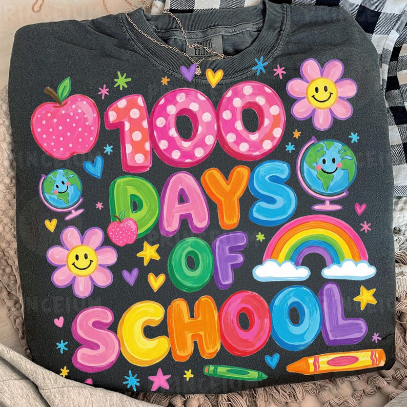 100 días de clases PNG, arte de arcoíris con flores sonrientes, diseño ...