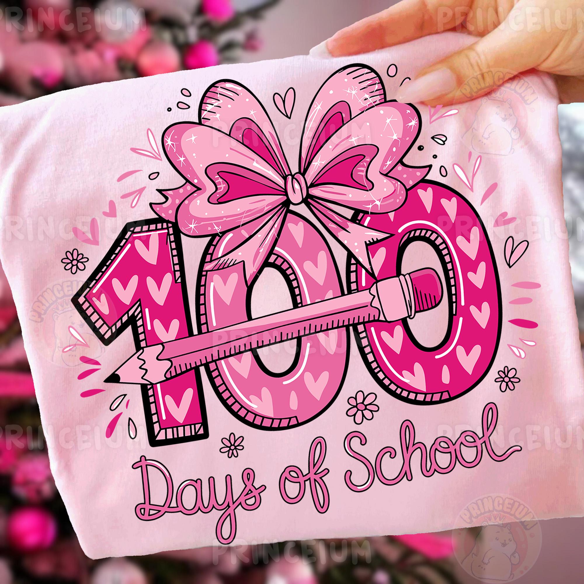 100 Days of School PNG Pink Bow Pencil Design Girly 100th Day Classroom ...